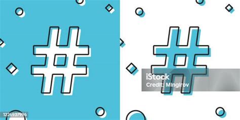 파란색과 흰색 배경에 격리 된 검은 색 해시 태그 아이콘입니다 소셜 미디어 기호입니다 현대 Ui 웹 사이트 탐색 임의 동적 셰이프 벡터 일러스트레이션 해시태그에 대한 스톡