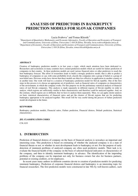 Pdf Analysis Of Predictors In Bankruptcy Prediction Models For Slovak Companies
