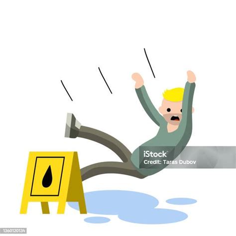 남자는 젖은 바닥에 미끄러졌다 위험과 위험 물 웅덩이에 미끄러지기 실수와 떨어지는 플랫 만화 일러스트레이션 개념에 대한 스톡 벡터 아트 및 기타 이미지 Istock