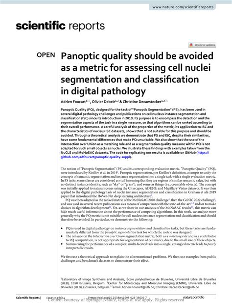 Pdf Panoptic Quality Should Be Avoided As A Metric For Assessing Cell Nuclei Segmentation And