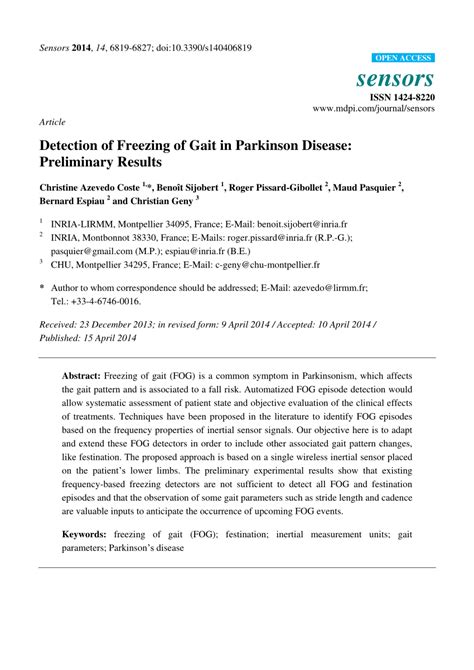 PDF Detection Of Freezing Of Gait In Parkinson Disease Preliminary Results