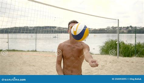 Shirtless Young Man Play With Ball At Voleyball Net Stock Video Video