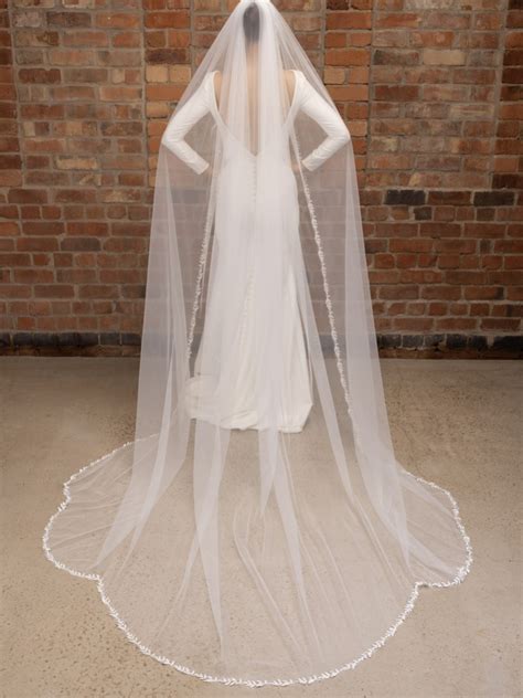 Ivory Single Tier Cathedral Veil With Lace Leaf Embroidery