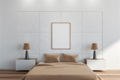 침대와 린넨 모형 포스터가 있는 흰색과 나무 침실 인테리어 0명에 대한 스톡 사진 및 기타 이미지 0명 3차원 형태 가구 Istock