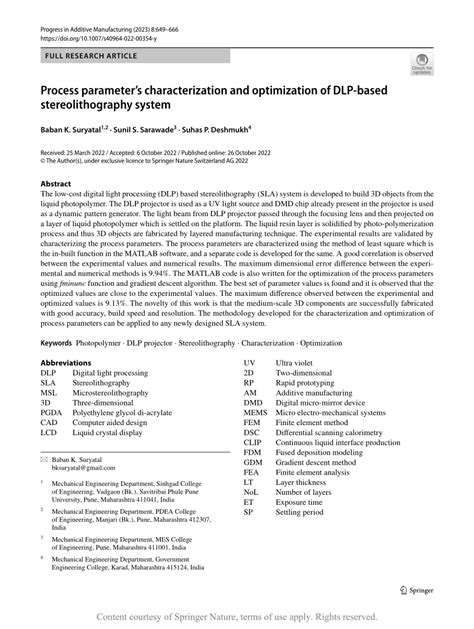 Process Parameters Characterization And Optimization Of Dlp Based Stereolithography System