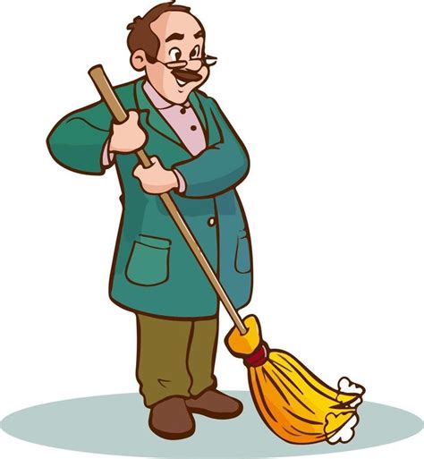Man In Uniform Cleaning The Floor With A Broom Cartoon Vector In 2025