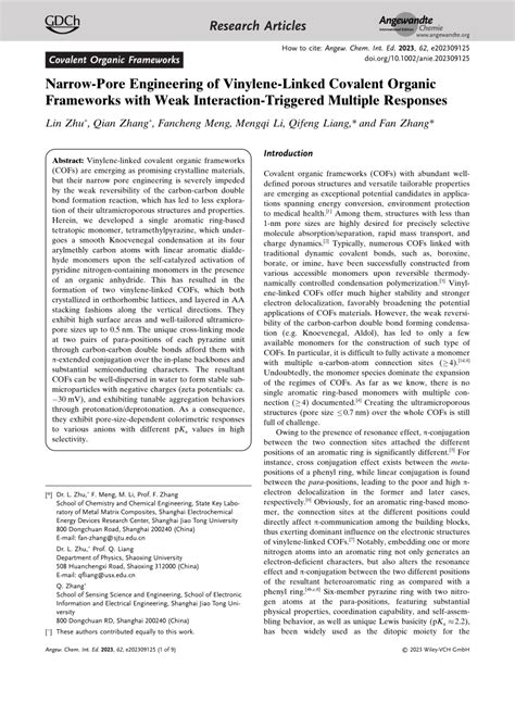Narrow‐pore Engineering Of Vinylene‐linked Covalent Organic Frameworks With Weak Interaction