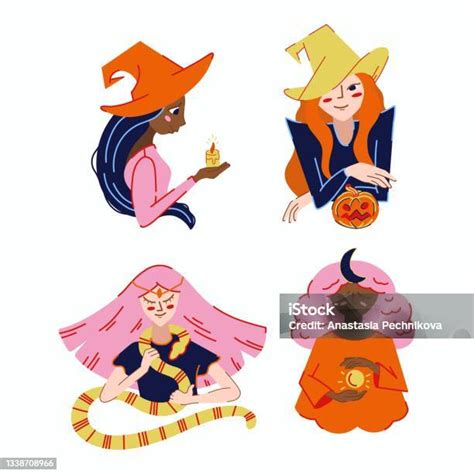 할로웬에 마녀 세트 일러스트 뱀 벡터 일러스트 신비한 여성 컬렉션 모자를 착용 마녀 10월에 대한 스톡 벡터 아트 및 기타 이미지 10월 가을 개체 그룹 Istock