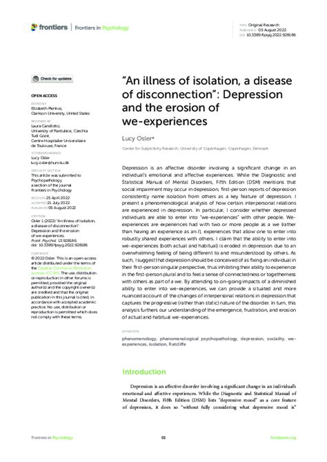 Pdf An Illness Of Isolation A Disease Of Disconnection Depression And The Erosion Of We
