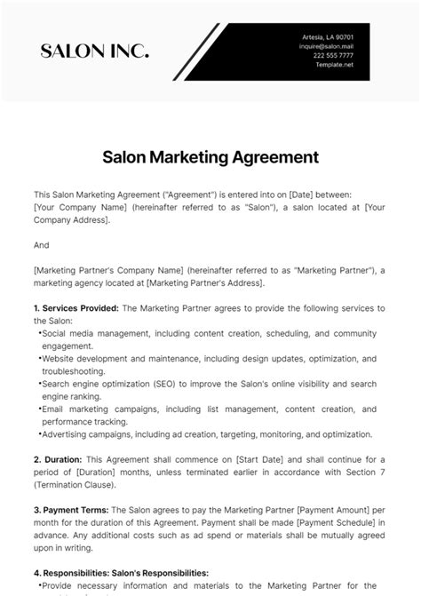 Free Salon Marketing Agreement Template To Edit Online