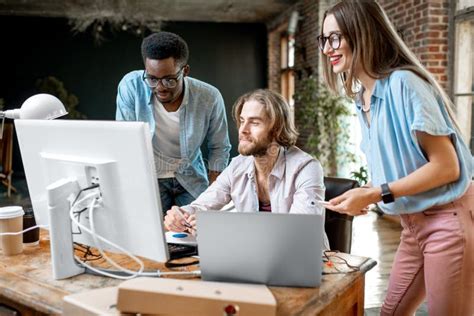 Young Coworkers Working With Computer Indoors Stock Image Image Of