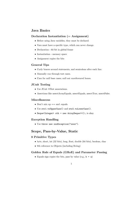 Cheatsheet Summary Data Structures Java Basics Declaration