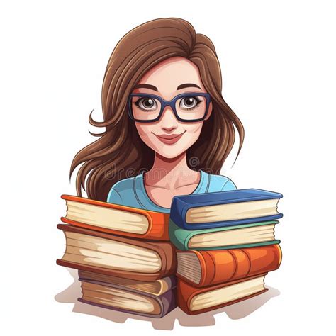 Illustration Of Woman With Glasses Holding Stack Of Books And Smiling