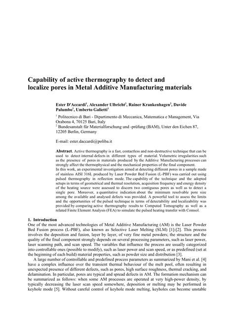 Pdf Capability Of Active Thermography To Detect And Localize Pores In Metal Additive