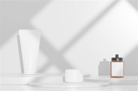 모형을 위한 빈 화장품 스킨케어 제품 또는 포장의 3d 렌더링 뷰티 비누와 스파 컨셉 피부 건강을 위한 로션 오일 수분 브랜딩을위한 프리미엄 및 고급 디자인 0명에 대한