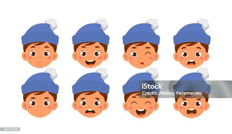 겨울 소년 생성자 다양한 감정과 감정을 가진 파란 모자를 쓴 남학생 사용자 정의를 위한 키트 머리와 얼굴의 팩 플랫 벡터 컬렉션 겨울에 대한 스톡 벡터 아트 및 기타 이미지