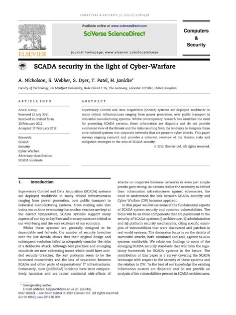 Scada Security In The Light Of Cyber Warfare Pdf