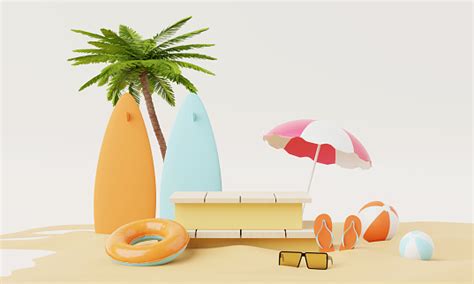 여름 방학 해변 추상 배경 개념 제품 모형 또는 여름 테마 비치 파라솔 모래 의자 풍선 링이 있는 화장품을 위한 최소한의 현실적인 디스플레이 연단 3d 렌더링 0명에 대한