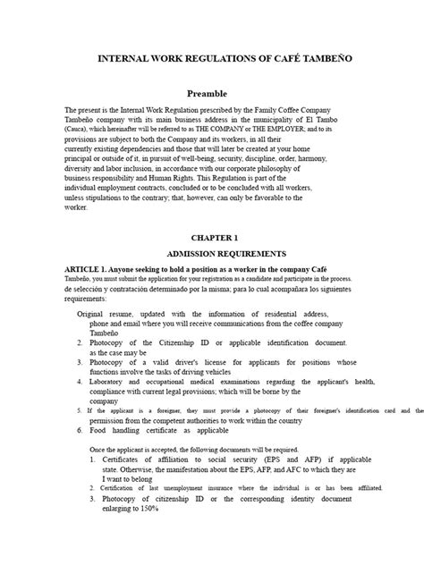 Internal Work Regulations Of CafÉ TambeÑo Pdf Occupational Safety And Health Salary