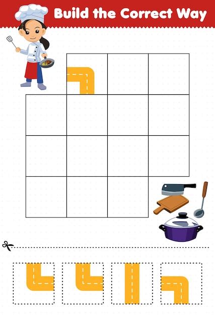 어린이를 위한 교육 게임은 귀여운 만화 요리사가 칼 도마 국자 냄비 인쇄 가능한 도구 워크시트로 이동하는 데 도움이 되는 올바른 방법을 구축합니다 프리미엄 벡터