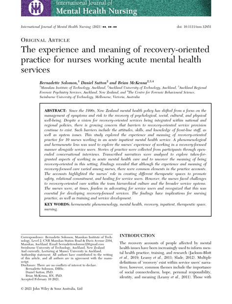 Pdf The Experience And Meaning Of Recovery Oriented Practice For Nurses Working Acute Mental
