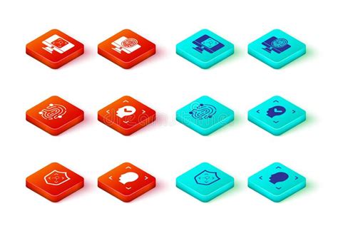 Set Shield Face Recognition Face Fingerprint Monitor With Fingerprint And Icon Vector Stock
