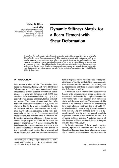Pdf Dynamic Stiffness Matrix For A Beam Element With Shear Deformation