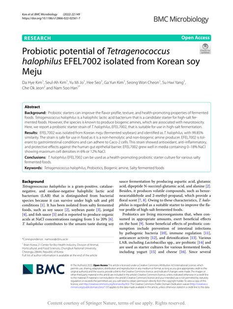 Pdf Probiotic Potential Of Tetragenococcus Halophilus Efel7002 Isolated From Korean Soy Meju