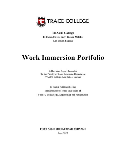 Work Immersion Portfolio Front Page Pdf