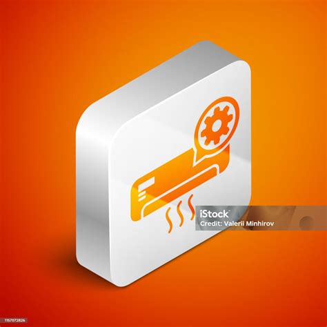 주황색 배경에 격리된 등각칭 에어컨 및 기어 아이콘 응용 프로그램 서비스 개념 설정 옵션 유지 보수 수리 수정을 조정합니다 실버