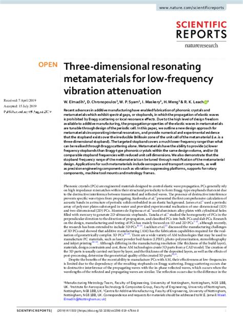 Pdf Three Dimensional Resonating Metamaterials For Low Frequency Vibration Attenuation
