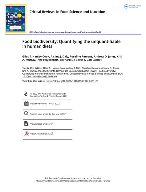 Pdf Food Biodiversity Quantifying The Unquantifiable In Human Diets