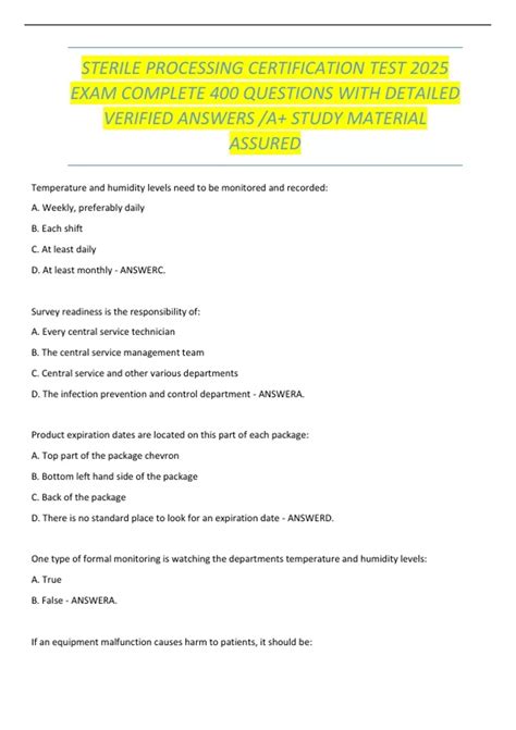 Sterile Processing Certification Test 2025 Exam Complete 400 Questions