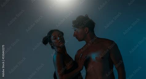 Sexy Couple Love Erotica Shadow Man And Woman Posing Studio Sexual Neon Light Studio Photo