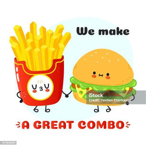 귀여운 해피 햄버거와 감자 튀김 카드 벡터 손으로 그린 낙서 스타일 만화 캐릭터 일러스트 아이콘 디자인 행복한 햄버거와 감자