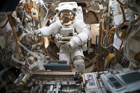 Astronaut Inside Spaceship Cockpit With Various Cable And Wires