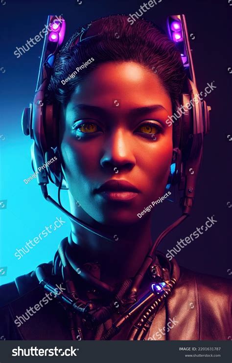 Realistic Portrait Ebony Girl Wearing Cyberpunk Stock Illustration