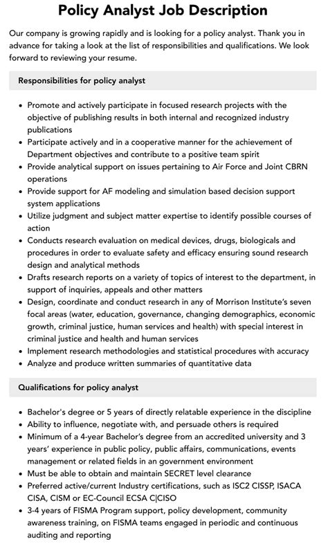 Policy Analyst Job Description Velvet Jobs