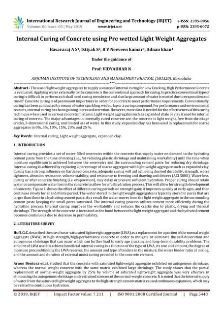 Irjet Internal Curing Of Concrete Using Pre Wetted Light Weight Aggregates Pdf Civil