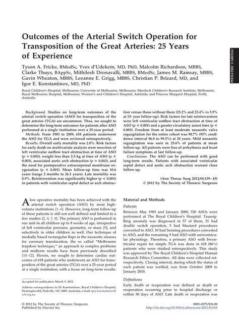 Pdf Outcomes Of The Arterial Switch Operation For Transposition Of