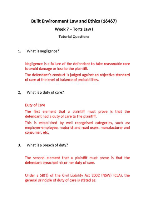 week 5 torts law i tutorial questions with answers built