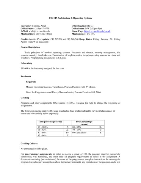 CIS Architecture Operating Systems Syllabus