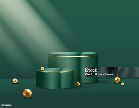 최소한의 장면 기하학적 연단 플랫폼 고급스러운 녹색의 받침대와 금색 테두리와 구체 프리젠 테이션 광고 배너 템플릿을위한 현실적인 3d 연단 플랫폼 배경 벡터 3차원 형태에
