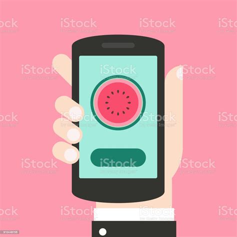 스마트폰 화면에 수 박 아이콘입니다 손 잡고 스마트폰입니다 웹 사이트 웹 배너 등등에 대 한 현대적인 평면 디자인 요소입니다