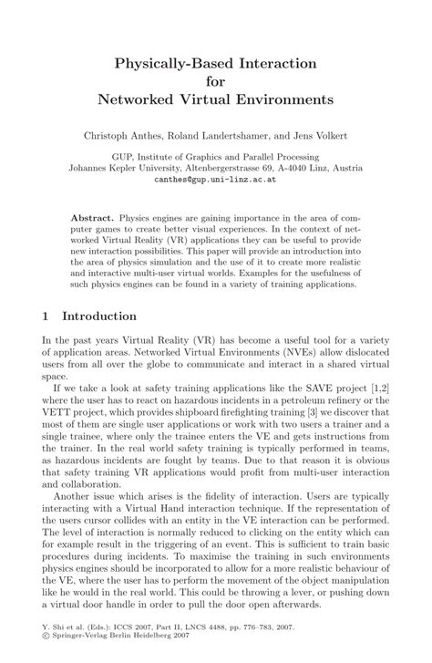 Pdf Physically Based Interaction For Networked Virtual Environments