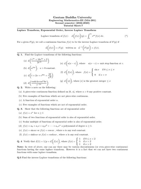 Ma201 Tut6 Pdf Laplace Transform Mathematical Objects