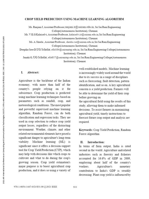 Crop Yield Prediction Using Machine Learning Algorithm Pdf Machine Learning Agriculture