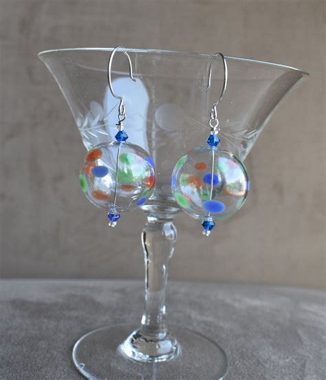 Blown Glass Earrings Hand Blown Clear 1 Dia Glass Earrings With Spots