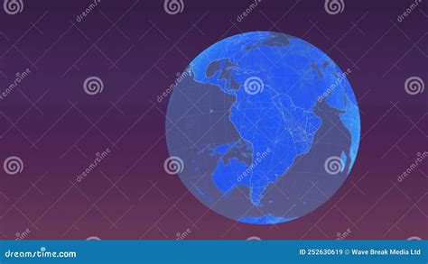 Animation Of Graphical Rotating Globe With Blinking Beams Over Violet Background Copy Space