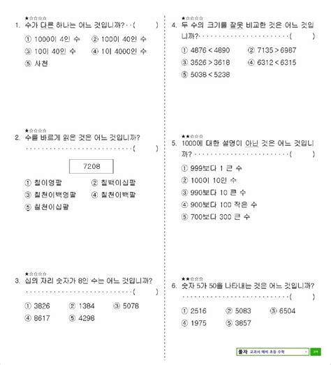 초등수학 2학년 수학 단원평가 초등학교 2학년 수학 2학기 1단원 네 자리 수 단원평가 기출문제 출처 주화신교육 예비초등 수학 풀자 네이버 블로그